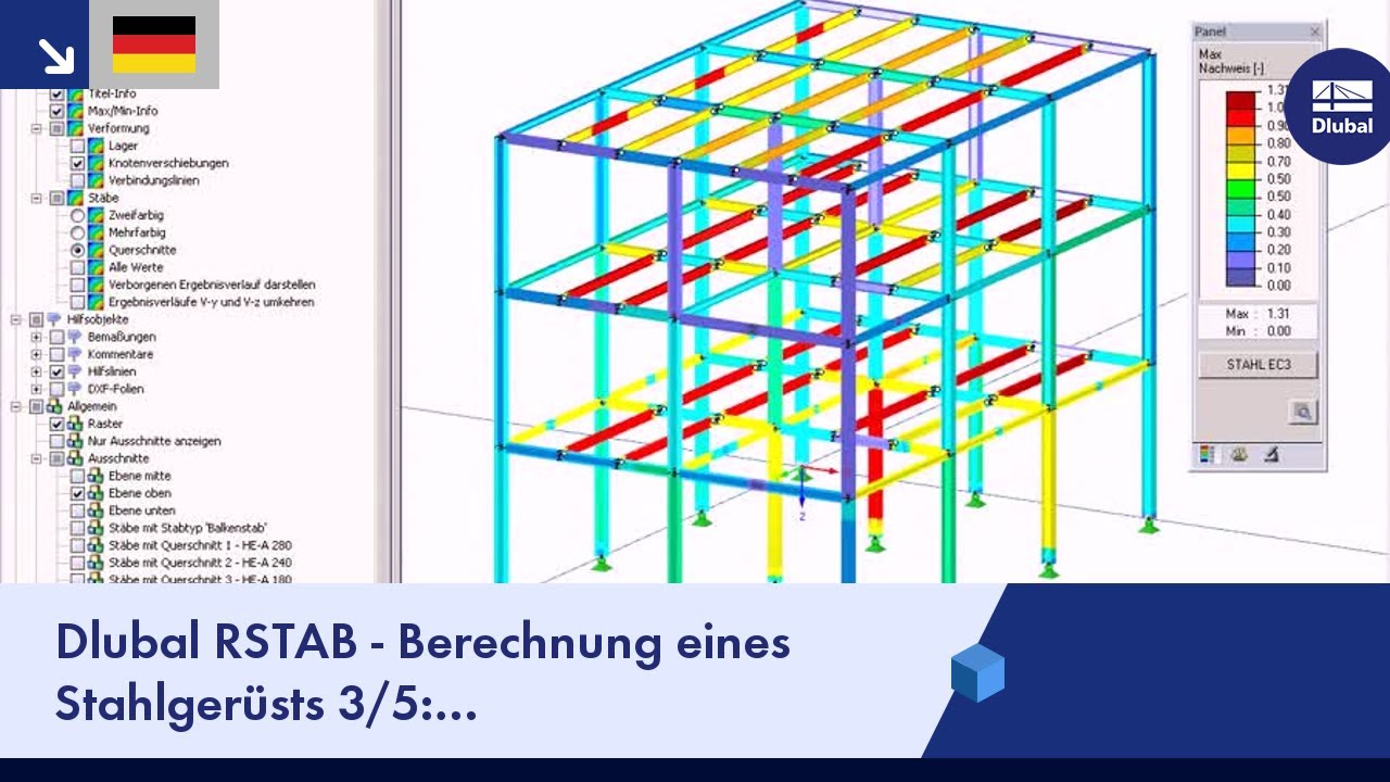 Dlubal RSTAB - Berechnung eines Stahlgerüsts 3/5: Spannungsanalyse el ...