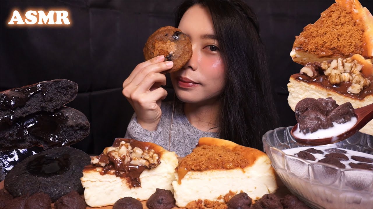 ASMR Burnt Basque CHEESECAKE & COOKIES with MILK 🧀🍫🥛 | Eating Sounds ...