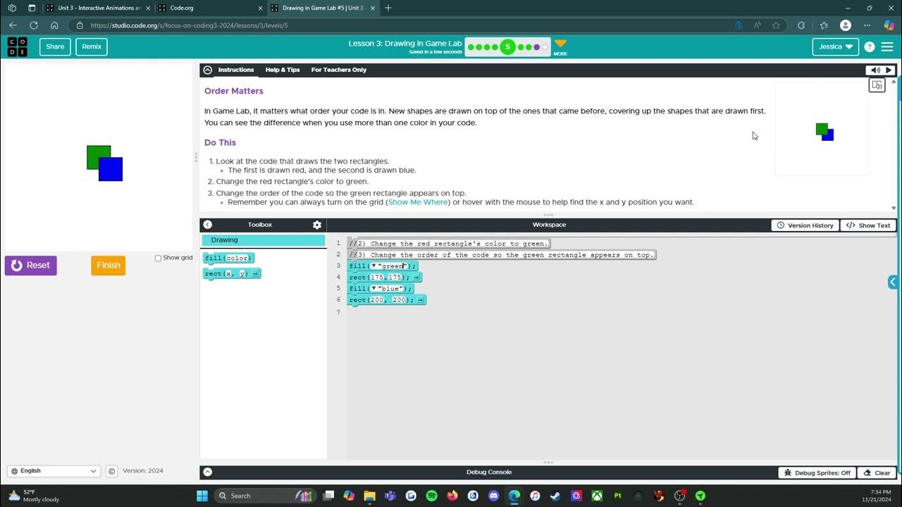Code.org - CS Discoveries - Unit 3: Interactive Animations & Games: Lesson 3: Level 5 - YouTube