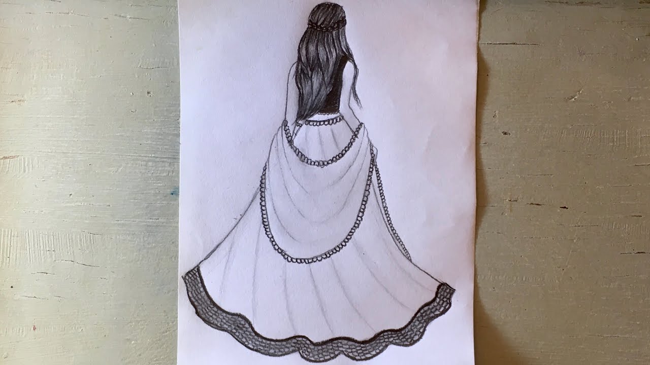 Girl from back side drawing || How to draw a girl beautiful dress ...
