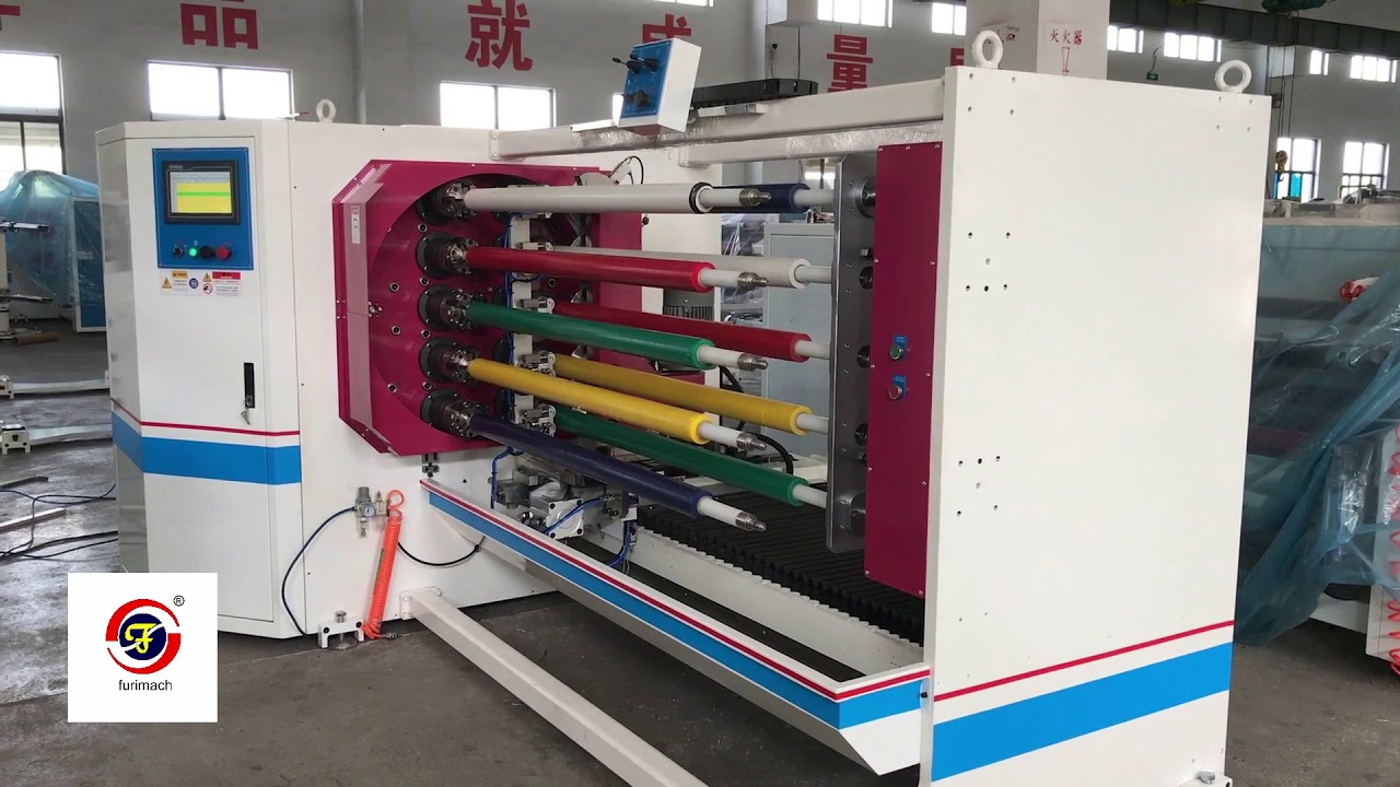 FURIMACH 10 SHAFTS LOG ROLL TAPE SLITTING MACHINE - YouTube