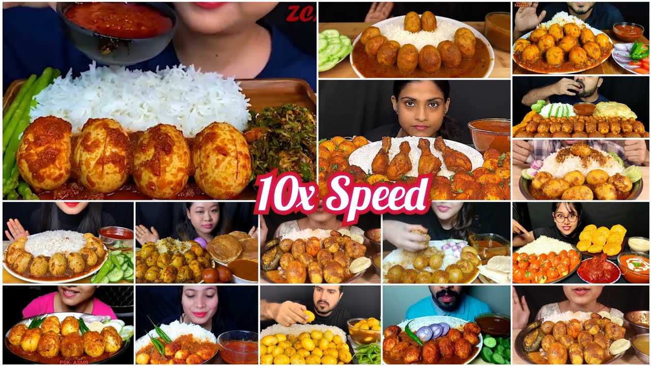 10x Speed Eating Spicy Egg Curry With Rice | Indian Food Mukbang | Big ...