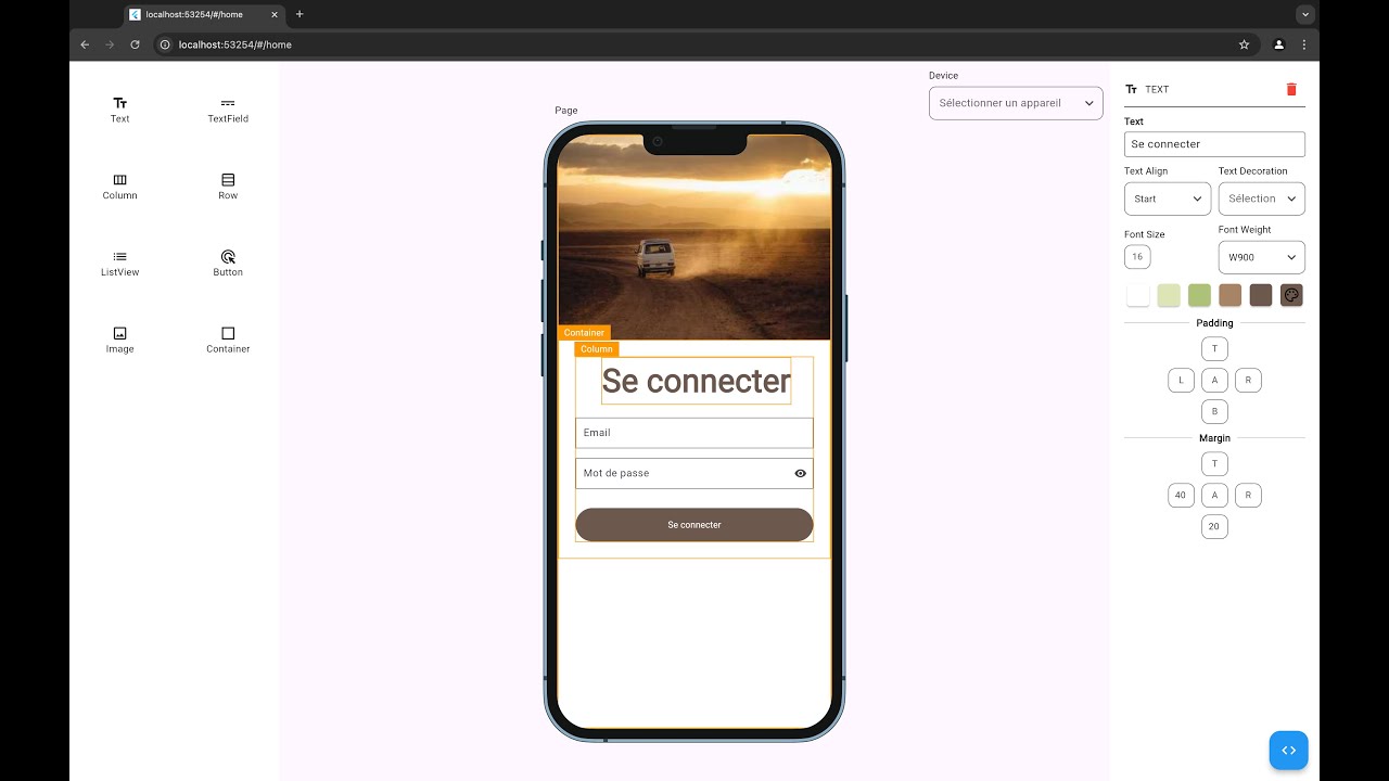 Configuration des widgets, Text, Button, Column dans notre application ...