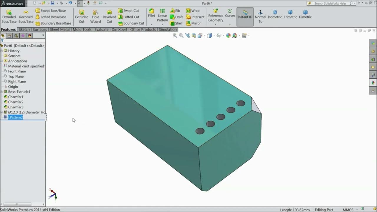 SolidWorks Feature Linear Pattern Hole Tutorial - YouTube