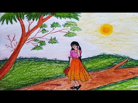 alone girl enjoy the nature view drawing scenery/beautiful alone girl walk and nature drawing scener