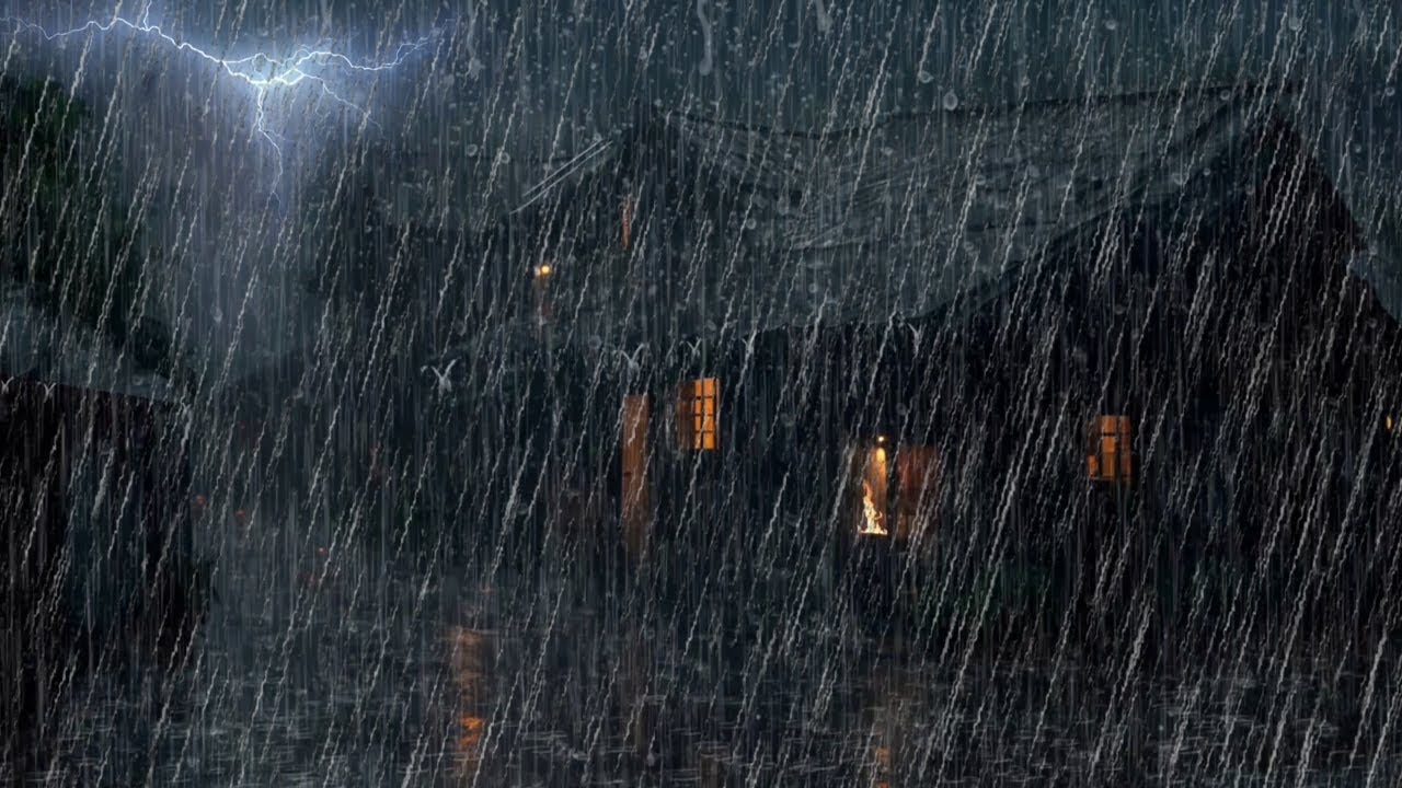 Stormy Night with Gentle Rain on a Dark House and a Cozy Fireplace for ...