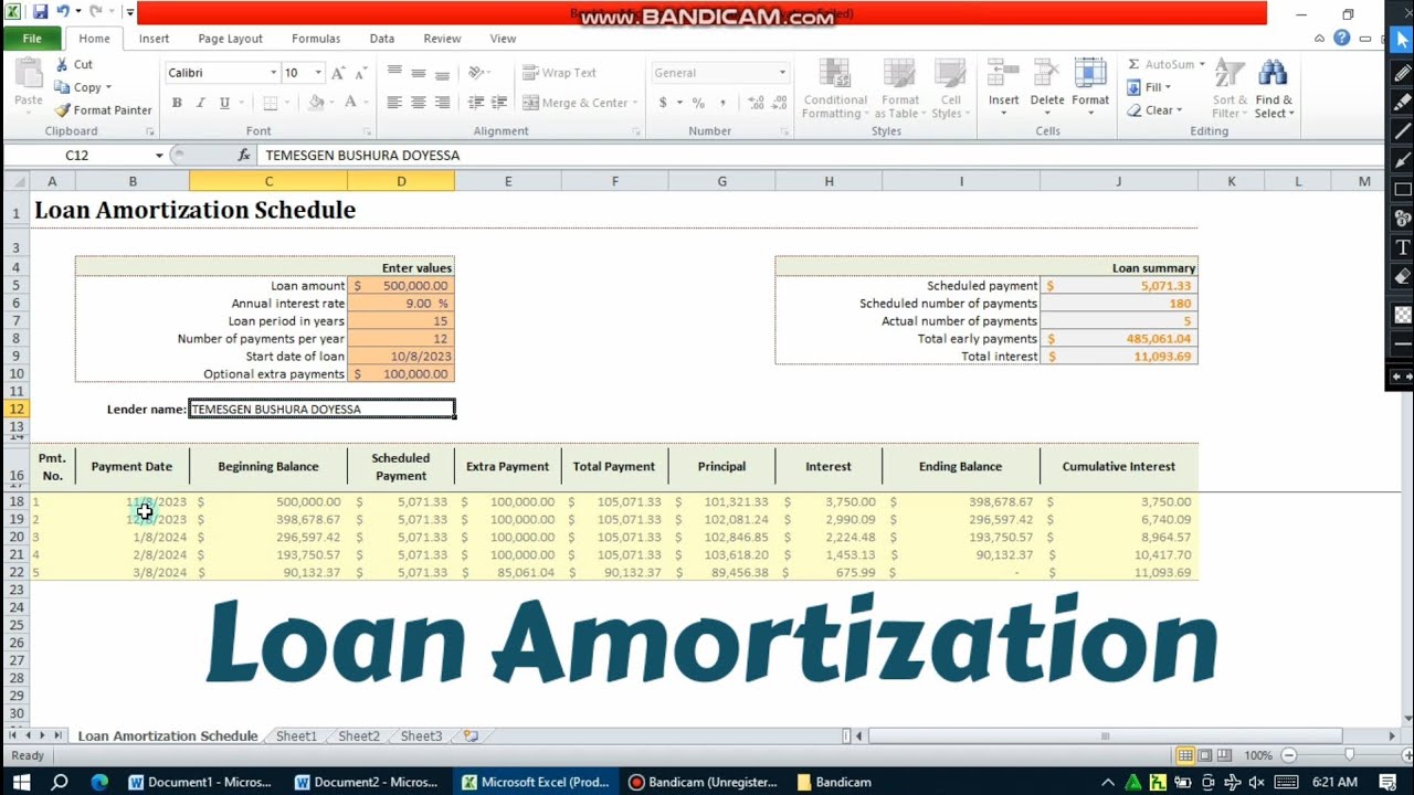 የብድር አከፋፈልን ኤክሴል ላይ መስራት How to build Loan Amortization Table on Microsoft Excel - YouTube
