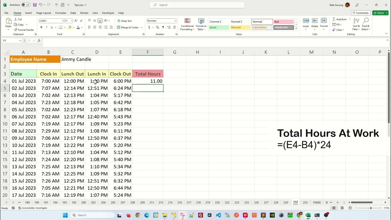 Calculate Total Worked Hours - Excel Tips and Tricks - YouTube