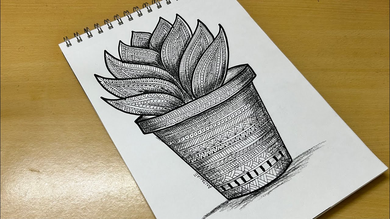 How to draw Mandala art of a Plant pot | Leaves | Zentangle art ...