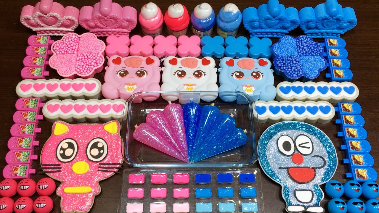 Pink Cat vs Doraemon Slime 💖💙 | Glitter Slime Mixing Battle ...