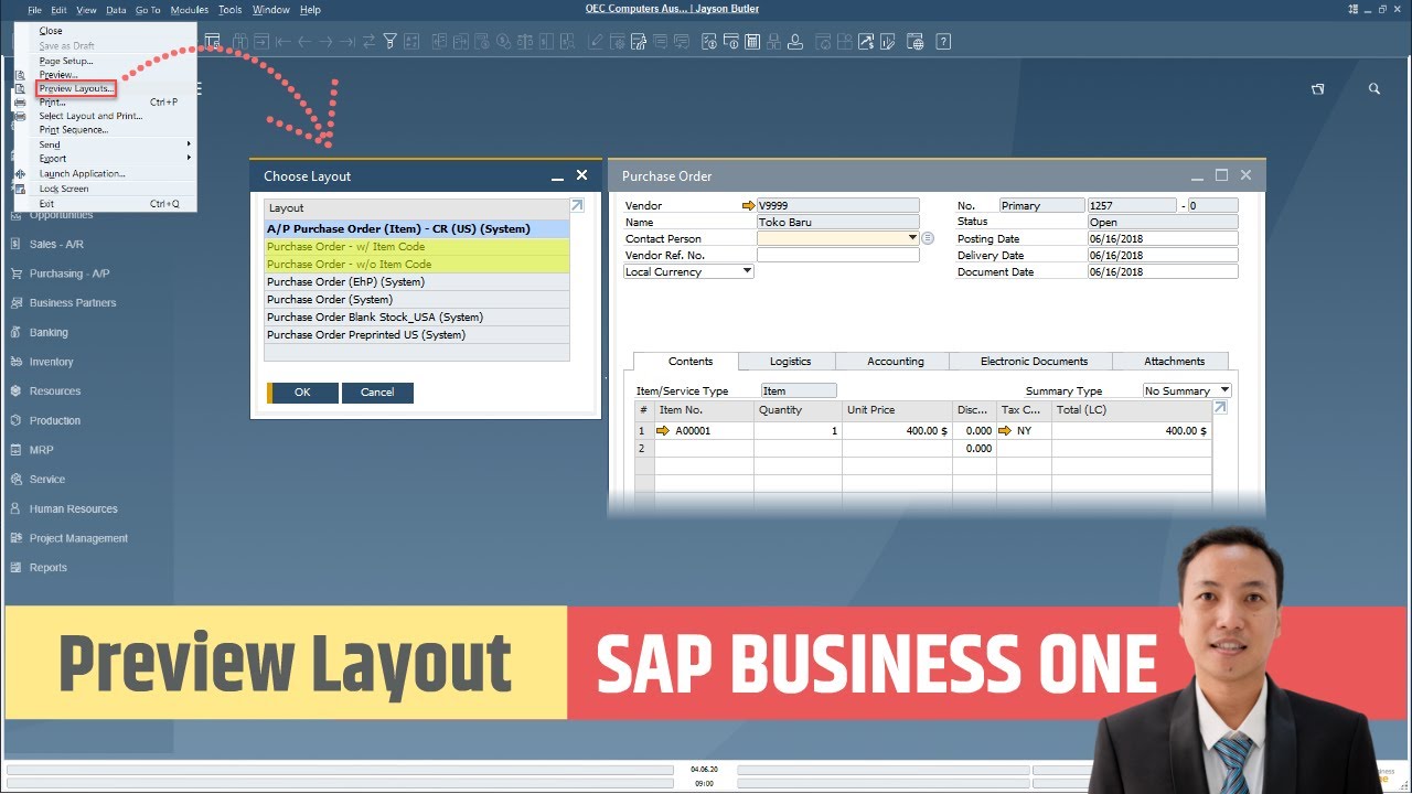 Cara Menggunakan Preview Layout di SAP Business One - YouTube
