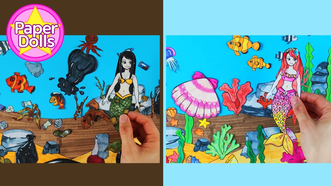 DIY] HOW TO MAKE PAPER DOLLHOUSE MERMAID DRESSUP /Cleaning the Sea with ...