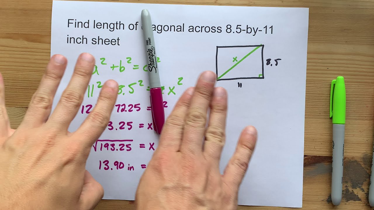 Find the length of the diagonal across 8.5-by-11 inch sheet - YouTube