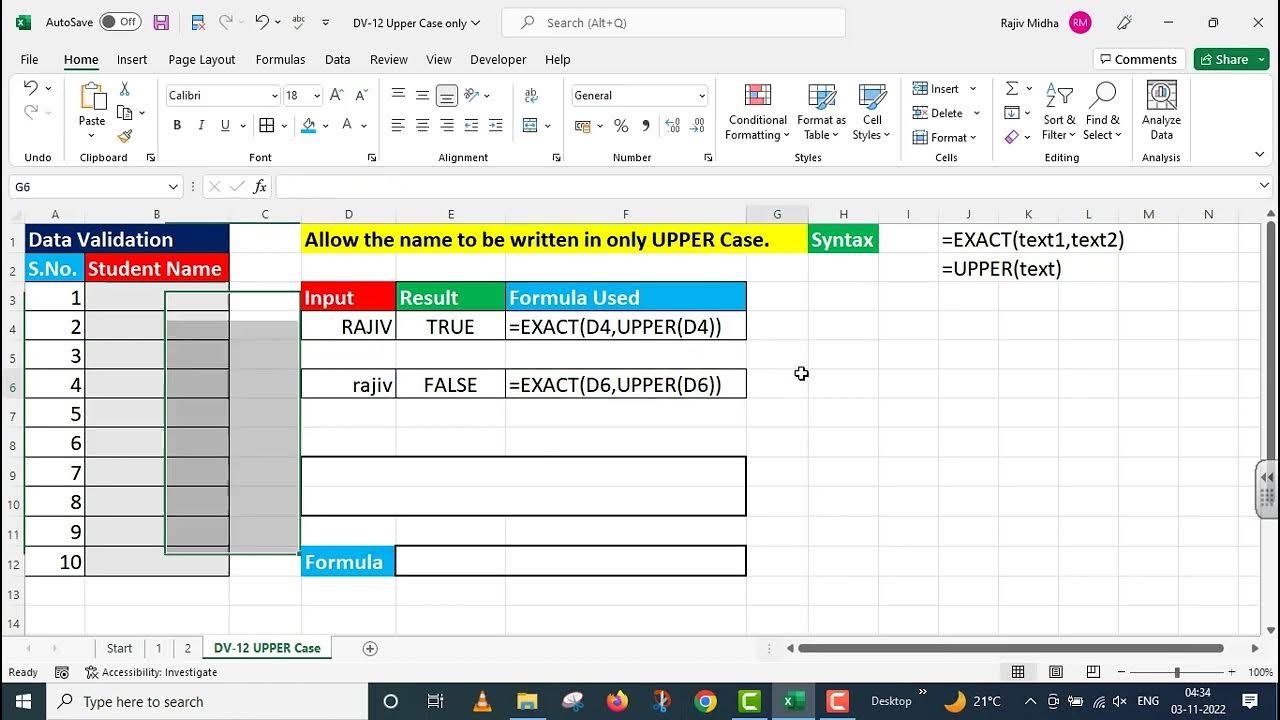 Data Validation 12 Custom Only Upper Case - YouTube