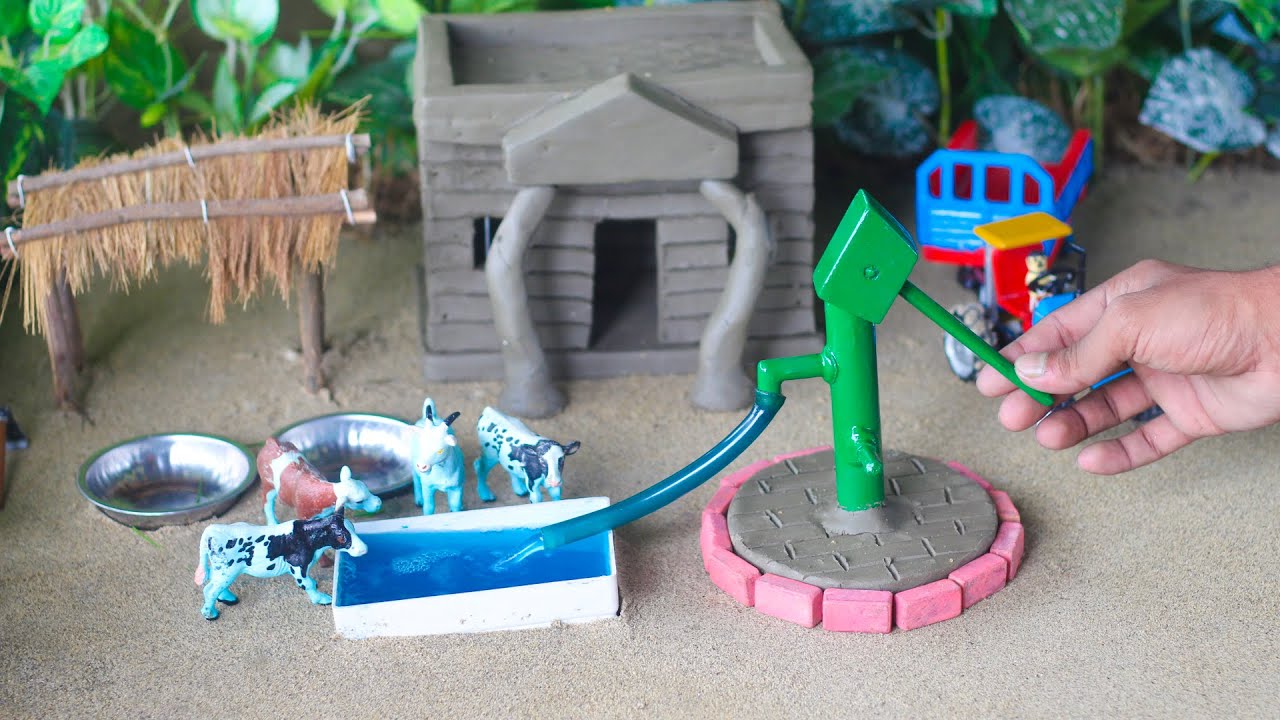 DIY How to make clay miniature house, tractor, Hand Pump, cow shed ...