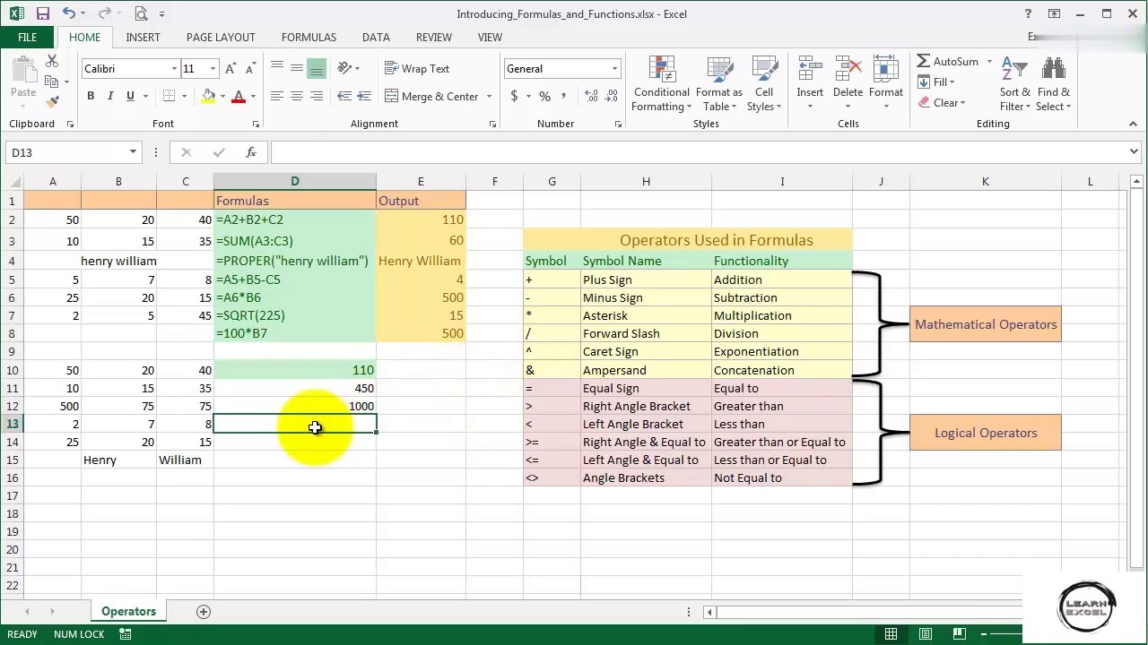 LEARN EXCEL - Operators used in formulas - YouTube