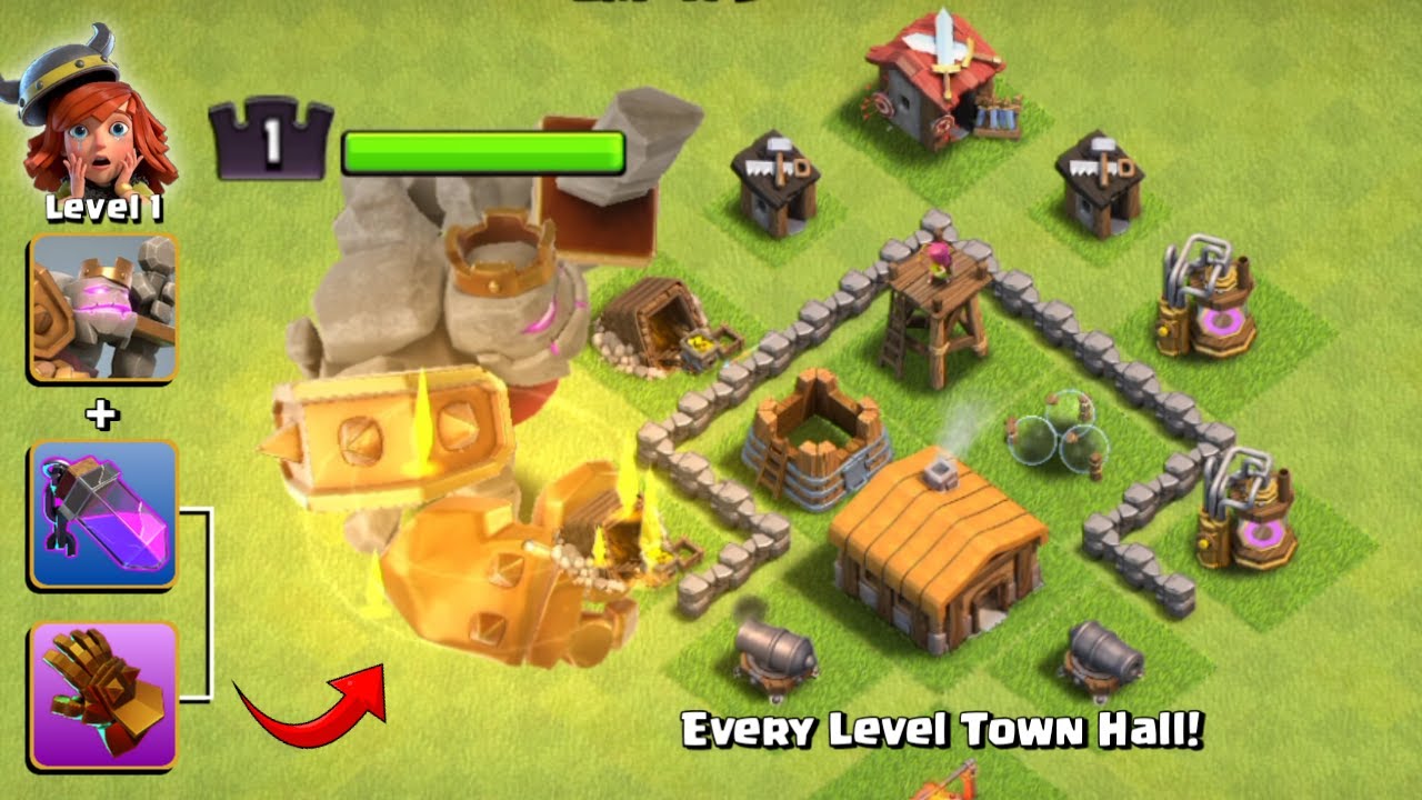 Lv.1 Gigantic Golem King (MAX Giant Gauntlet) vs Every Town Hall Level ...