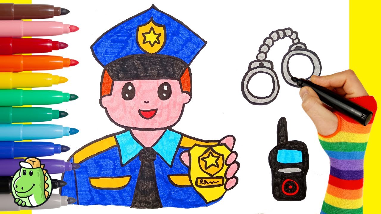 How to draw a Police Officer with Accessories 👮📱⭐ Easy Drawing for Kids ...