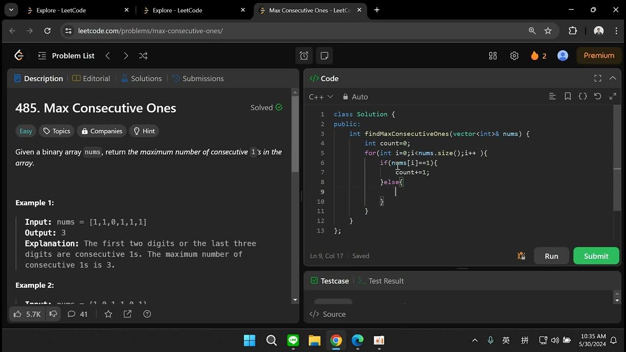 Letcode - Max Consecutive Ones (Array 101 series) - YouTube