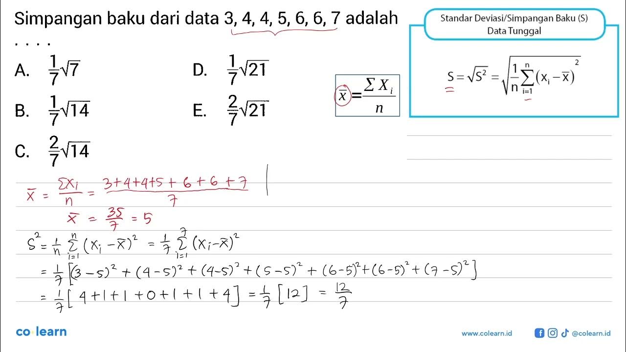 Simpangan baku dari data 3,4,4,5,6,6,7 adalah .... - YouTube