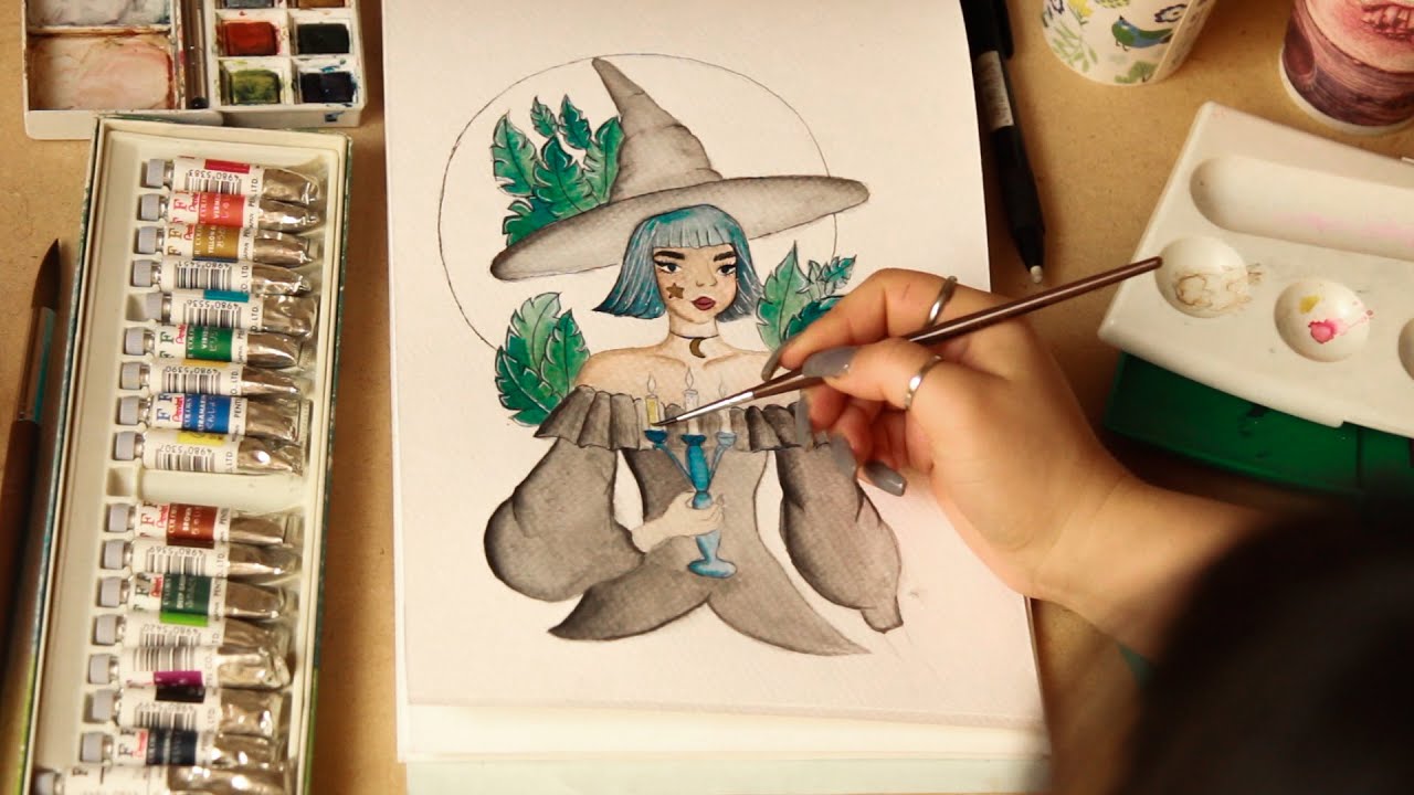 Creating illustration || Watercolor drawing "magician girl" - YouTube