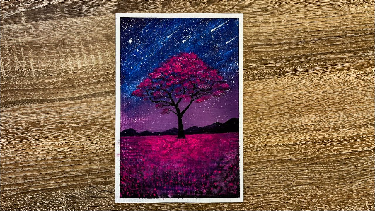 Magical Night Sky & Blooming Tree | Acrylic Painting - YouTube