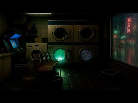 Rainy Night Laundry Room Ambience 🌧️ | Neon Motel, Washing Machines & Relaxing ASMR