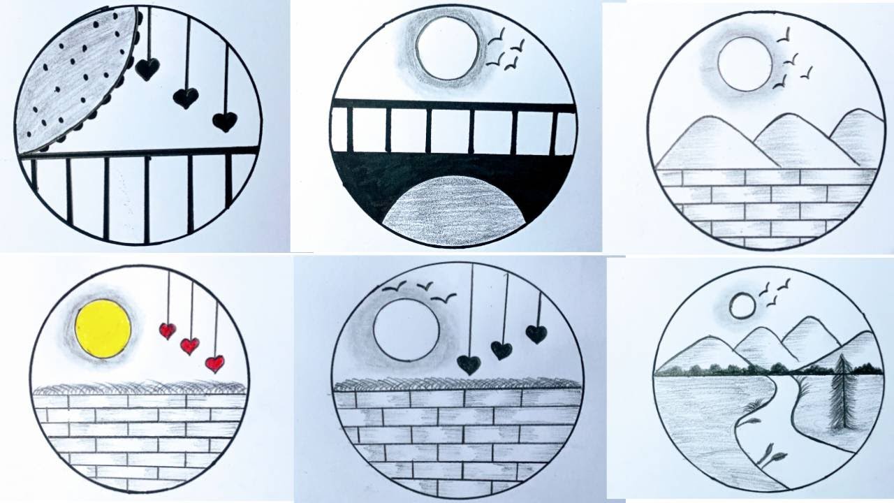 6 easy circle scenery drawing | Circle drawing for beginners | Pencil ...