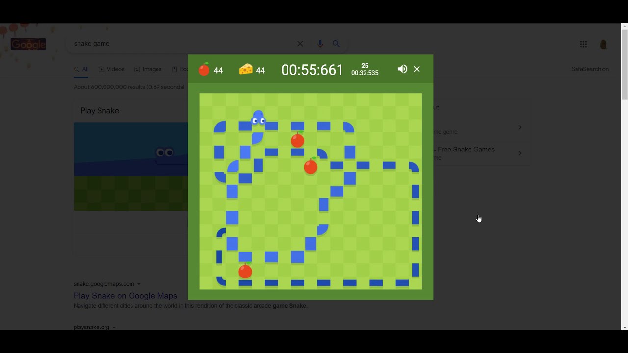 Google snake game cheese: 25 Apples - 3 Apples in 1m 04s 395ms - YouTube