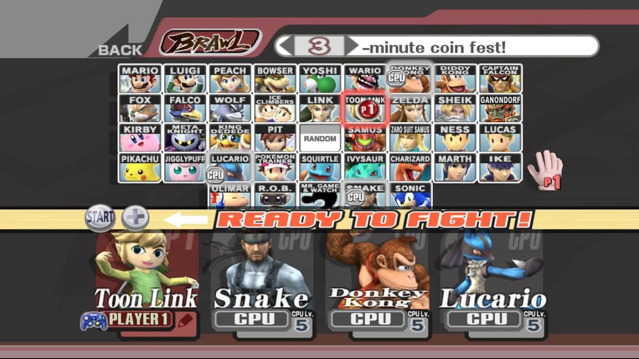Toon Link VS Snake VS DK VS Lucario | 3 Min Coin | Super Smash Bros ...