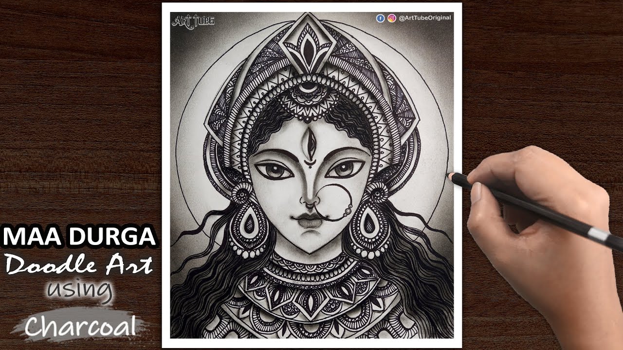 Goddess Durga Doodle Art | How to draw Maa Durga using Charcoal Powder ...
