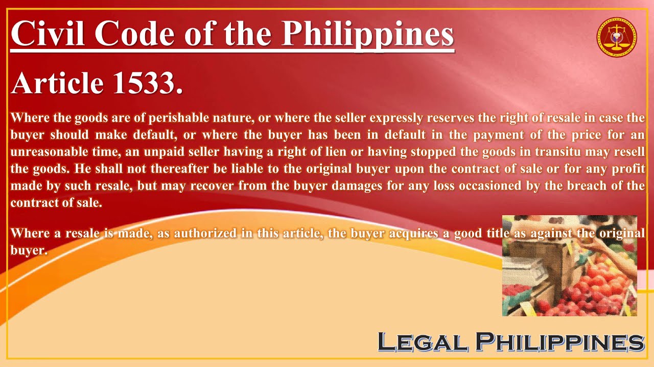 Civil Code of the Philippines, Article 1533 - YouTube