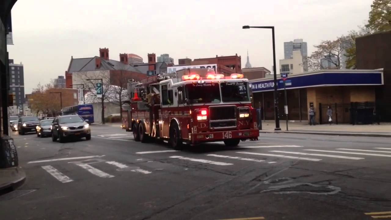 FDNY - Tower Ladder 146 Responding Urgently to Ruptured Gas Main - YouTube