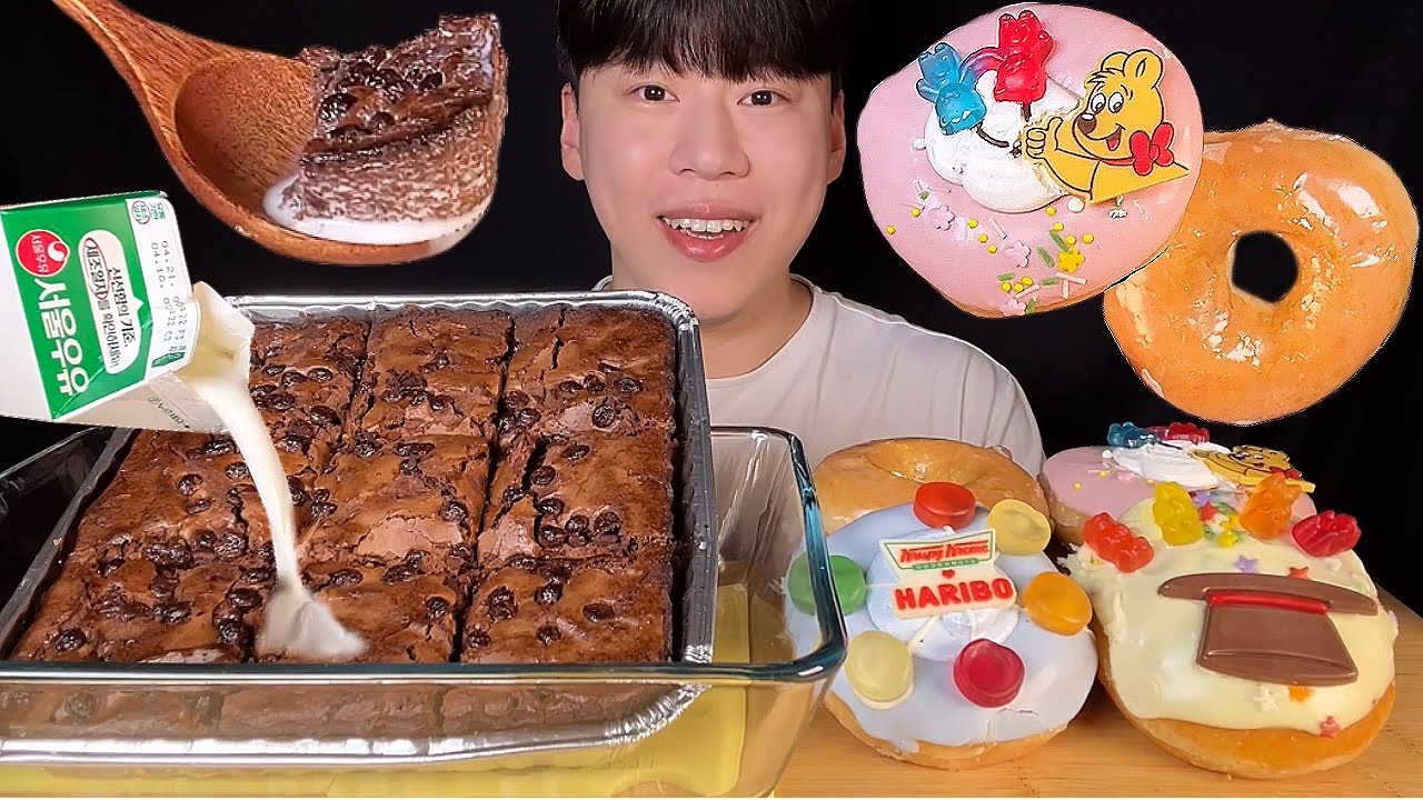 Sub 파파존스 브라우니 우유 말먹 And 크리스피 하리보 도넛 먹방 Asmr 극강의 달달 조합🍫 꾸덕 달달한 브라우니에 우유