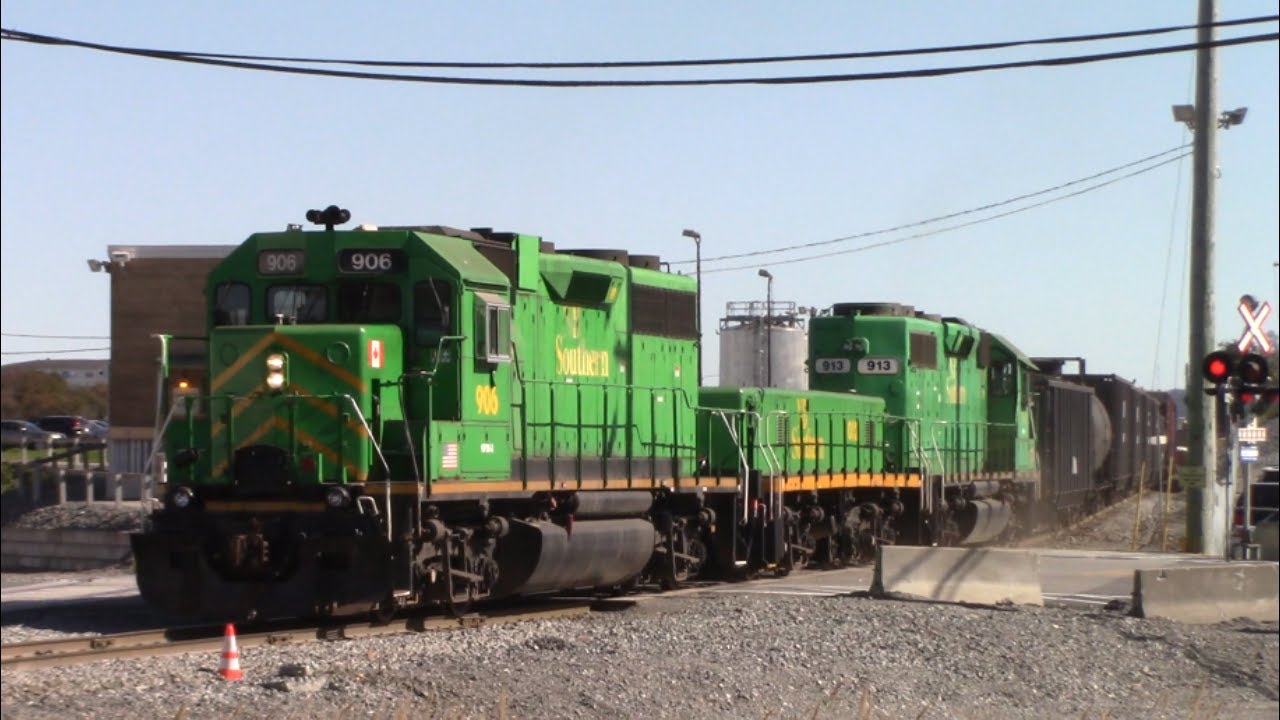 Two EMD Geeps & Slug Shoving an Eastbound Transfer Train at West Saint John, NB - YouTube