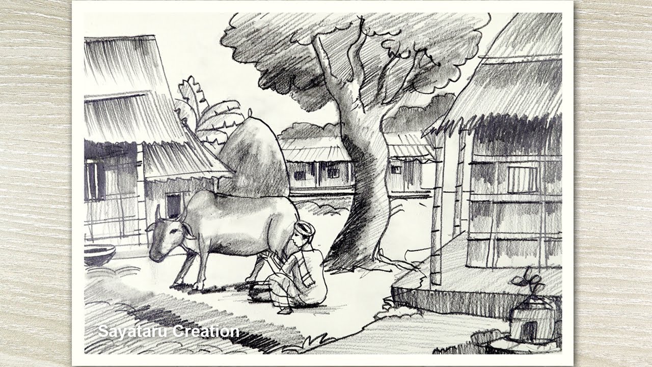 How to draw scenery of Cows milk collection, Village Life Pencil Sketch ...