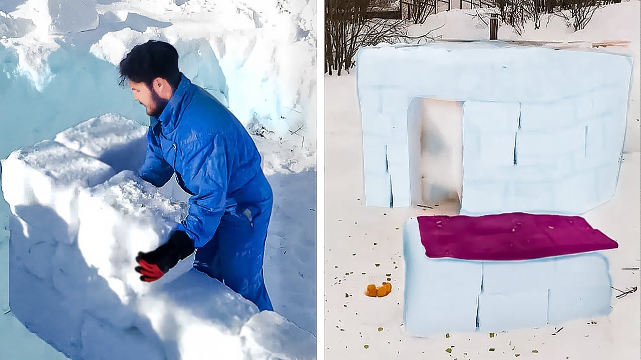 Building a snow house with a sauna! 🥶 DIY ice igloo and shelter - YouTube