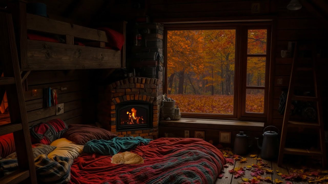 Cozy Autumn Cabin🍁🔥Relaxing Ambience w/ Crackling Fireplace, Fall ...