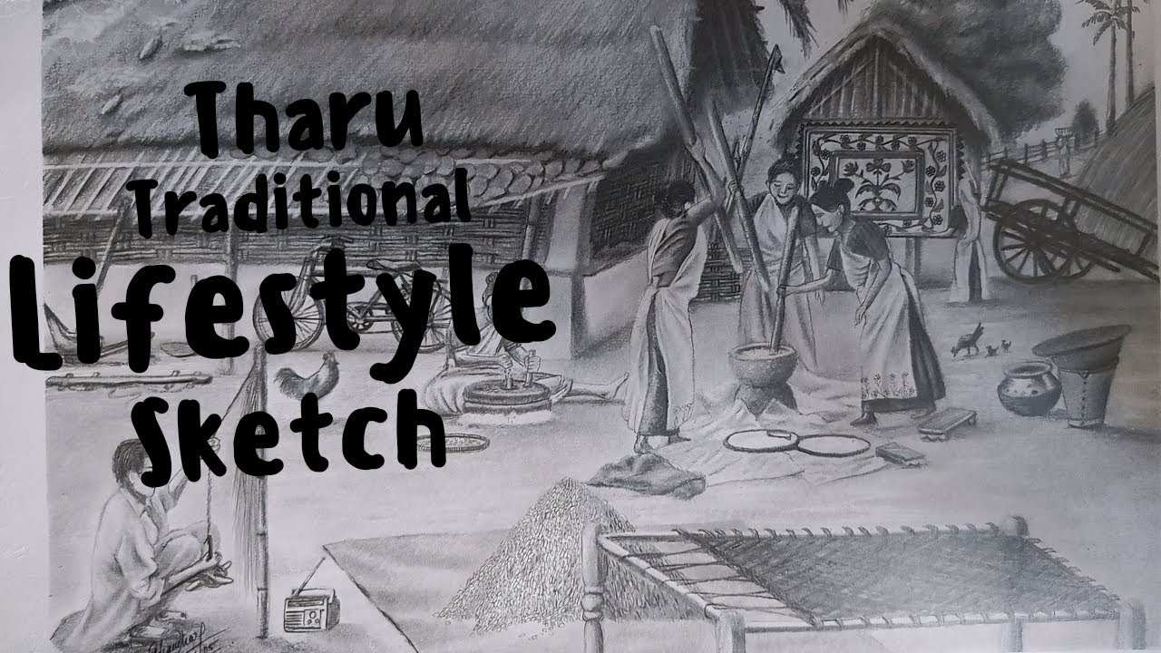Tharu traditional lifestyle sketch| first prize winner drawing| - YouTube