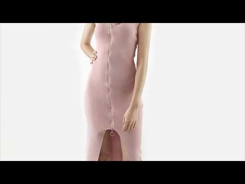Front Open Zip Midi Bodycon Dress In Pink