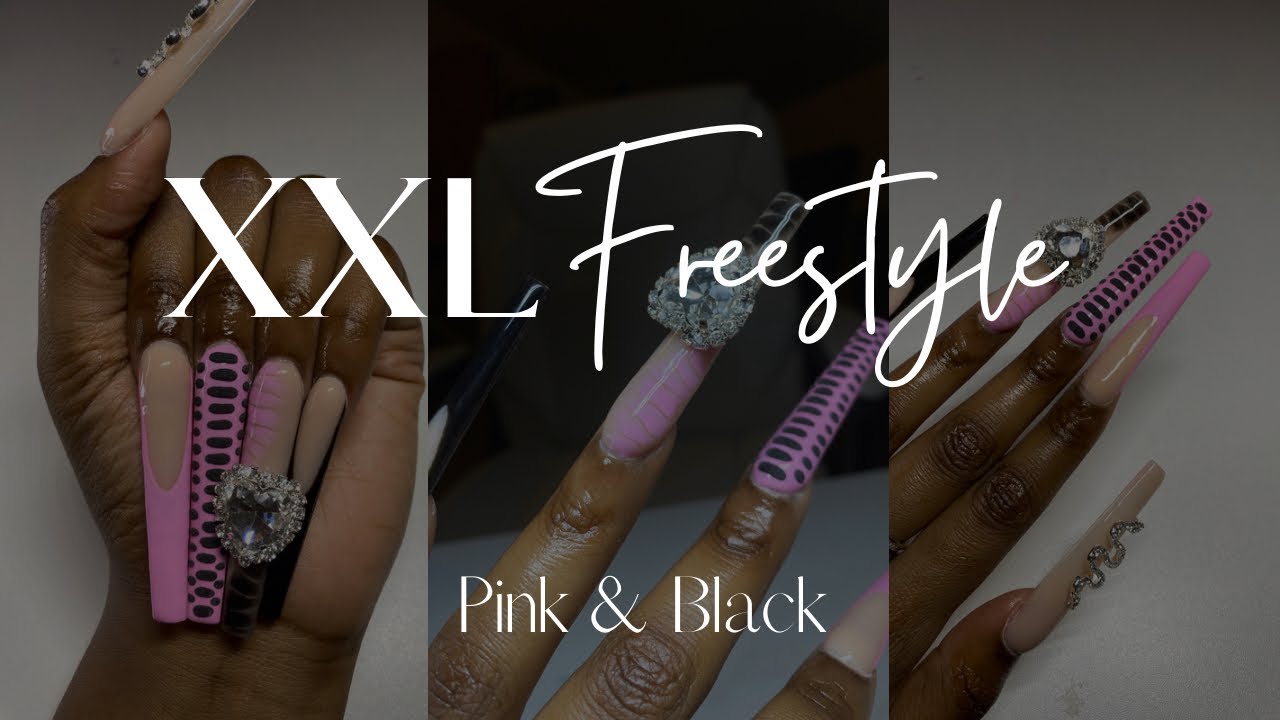 XXL pink+black freestyle| How to do XXL nails| XXL acrylic nails| XXL ...