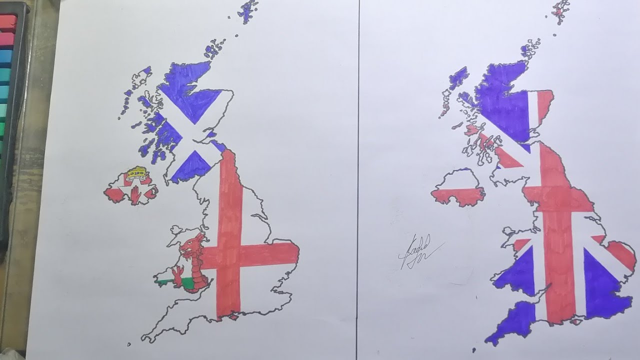 Drawing UK Flag map | UK flag map drawing with constituent countries 🇬🇧 ...