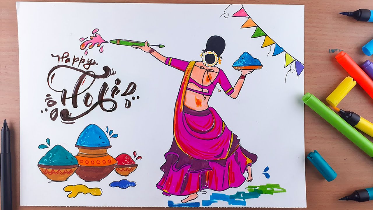 Beautiful Holi Festival Drawing | Holi Drawing Easy Step By Step - YouTube