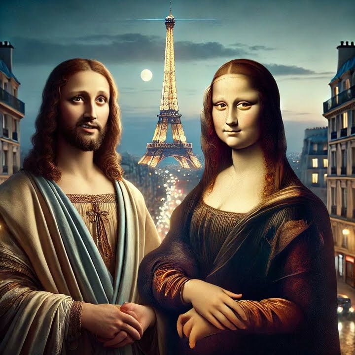 Salvator Mundi and Mona Lisa as a romantic couple in Paris Eiffel Tower ...