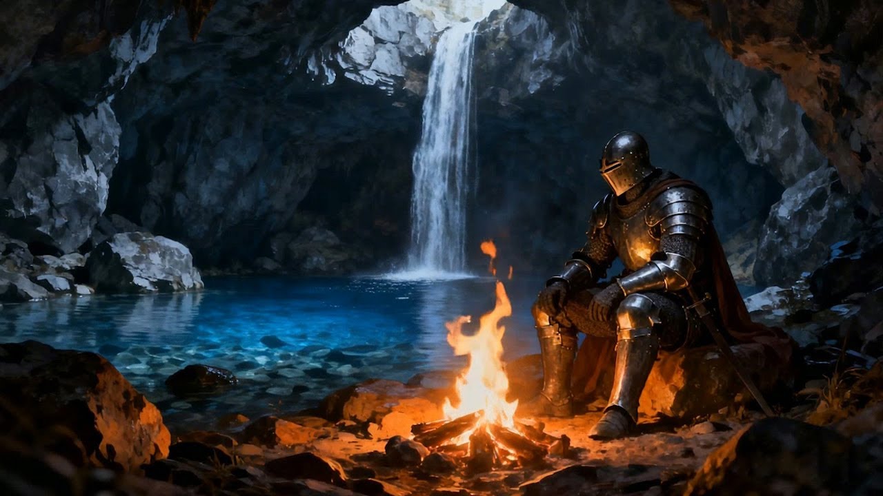 Medieval Cave with Waterfall 🏰 Knight at Rest | Ambient Music for ...