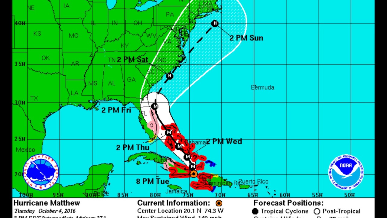 Major Hurricane Matthew (2016) NHC Forecast Cones and water vapor ...