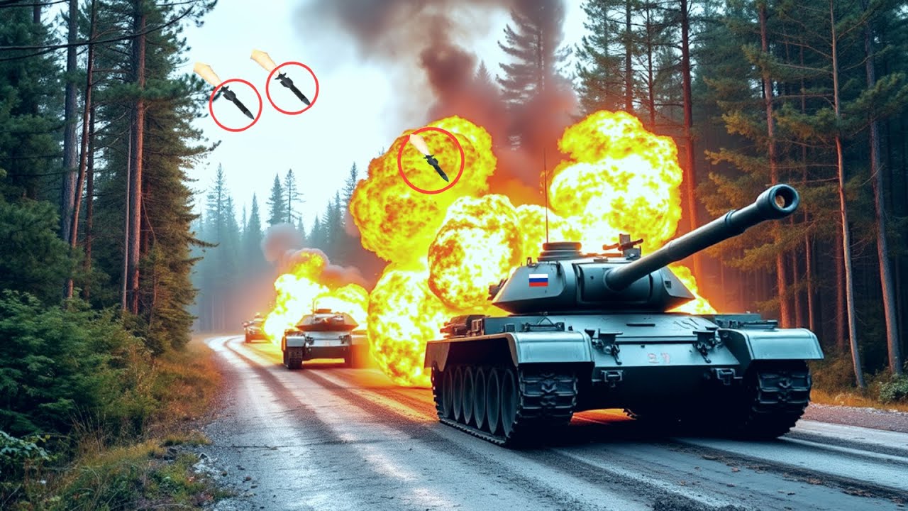 A huge explosion occurs as a convoy of 700 Russian tanks is destroyed ...