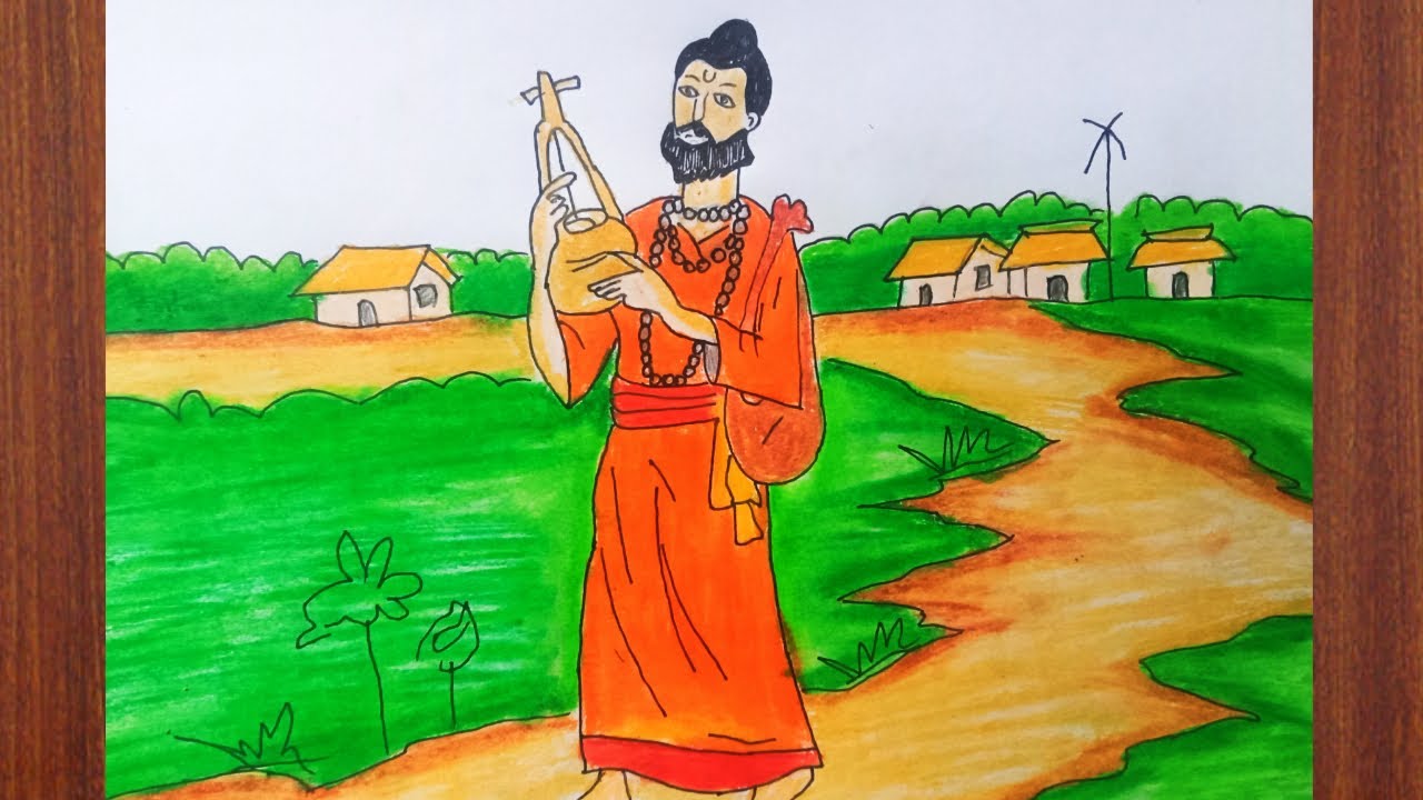 how to draw a baul step by step | village scenery drawing with baul ...