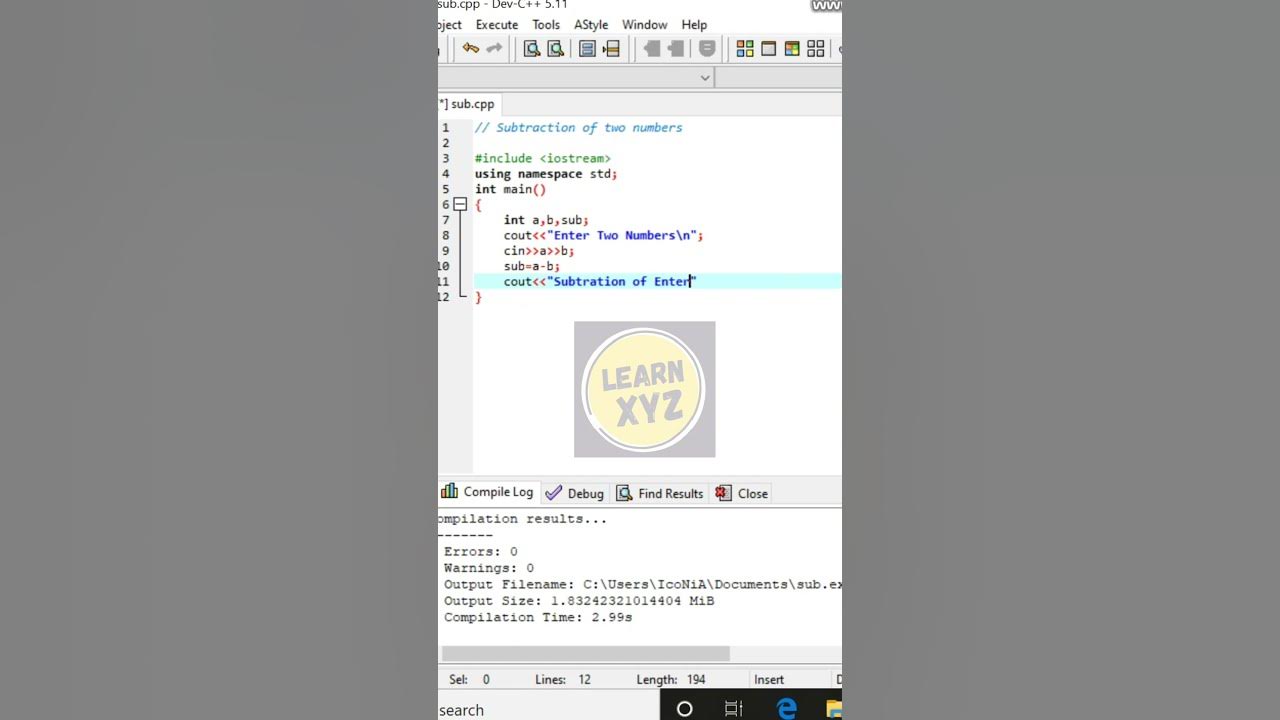 Subtraction Program In C Programming Language Learncoding Cpp Youtube