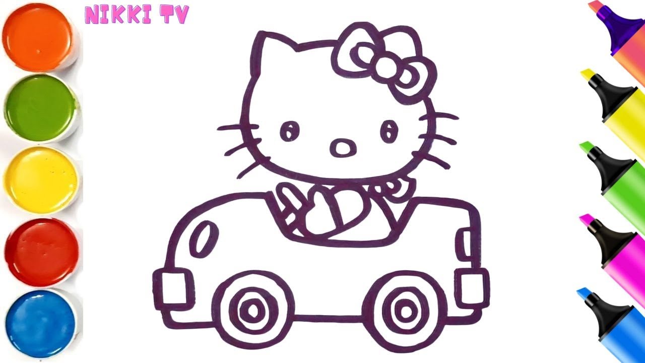 Hello Kitty Driving a Car Drawing, Painting, Coloring For Kids and ...